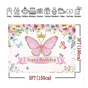 XLL Happy Birthday Theme Photography Backdrops Butterfly Pink Rose Flower Crown Photo for Fairy Princess Girl Birthday Party Decoration Banner Studio Cake Table Floral Background 5x3ft