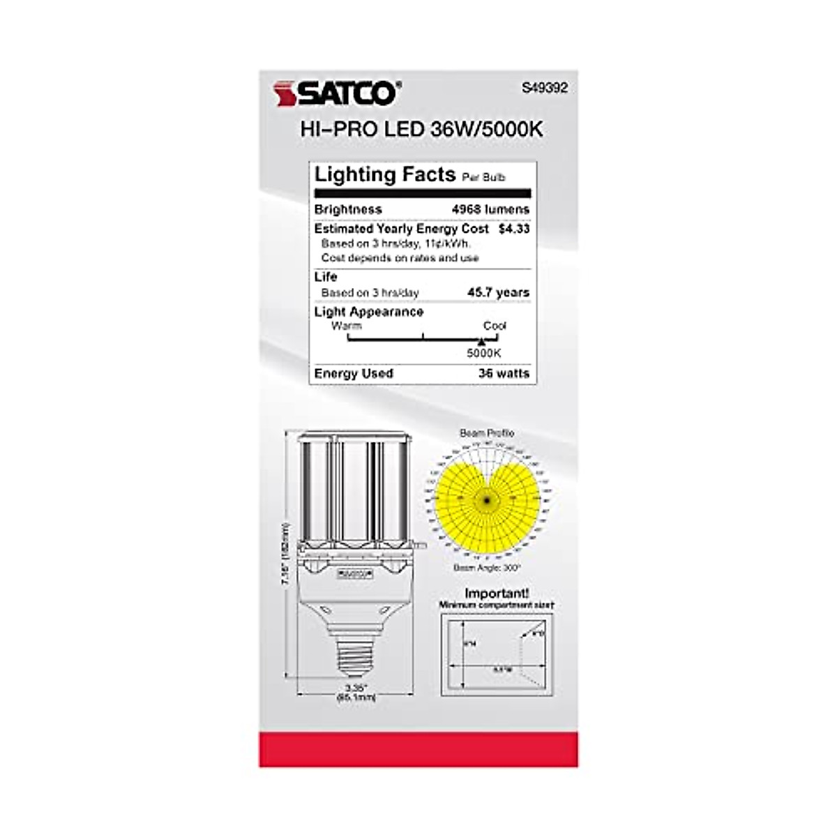 Satco S49392 Corncob LED HID Light Bulb, Medium Base, 36W, 35000 Hour Rating, 4968L, Natural Light