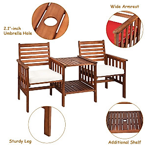 Tangkula Acacia Wood Loveseat, 3pcs Outdoor Table Chairs Set, Patio Conversation Set w/Coffee Table and Soft Cushions, 2.1-inch Umbrella Hole, 2-Seater Furniture Set (White)
