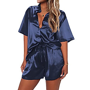 Ekouaer Womens Silk Pajamas Button Up Short Sleeve Sleeping Wear Satin Top with Shorts Casual Two Piece Lounge Set Navy,L