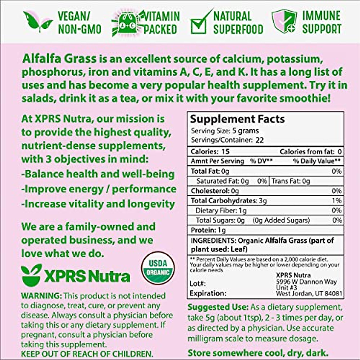 XPRS Nutra Organic Alfalfa Powder - Premium Vegan Alfalfa Supplement Rich in Calcium, Antioxidants, Vitamins - Farmer Alfalfa Supplement for Kids and Adults - Vegan Friendly Alfalfa Leaf (4 Ounce)