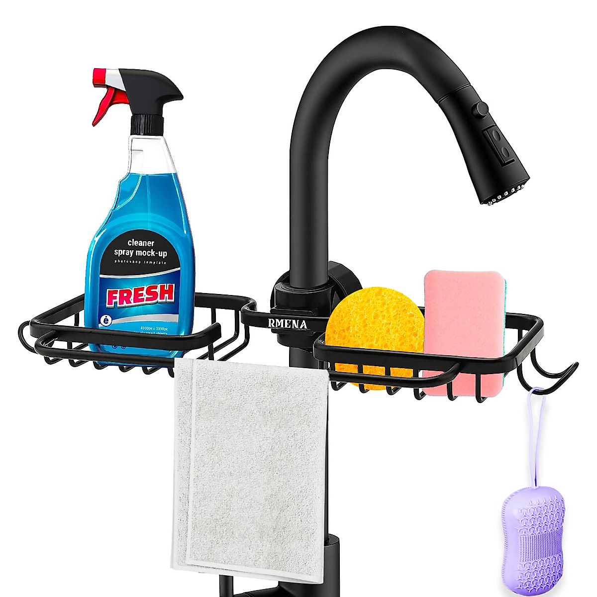 RMENA Faucet Sponge Holder Kitchen Sink Organizer – Sink Sponge Holder Faucet Drain Rack with Sponge and Cleaning Brush – Kitchen Caddy Sink Organizer for Kitchen Sink Accessories, Sponge, Dish Soap