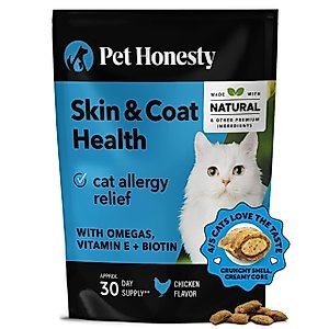 Pet Honesty Cat Skin & Coat Health Chews - Omegas, Vitamin C + E, Biotin Supplement, Soothes Skin and Promotes Shiny Coat, Cat Supplements & Vitamins - Chicken (30-Day Supply)
