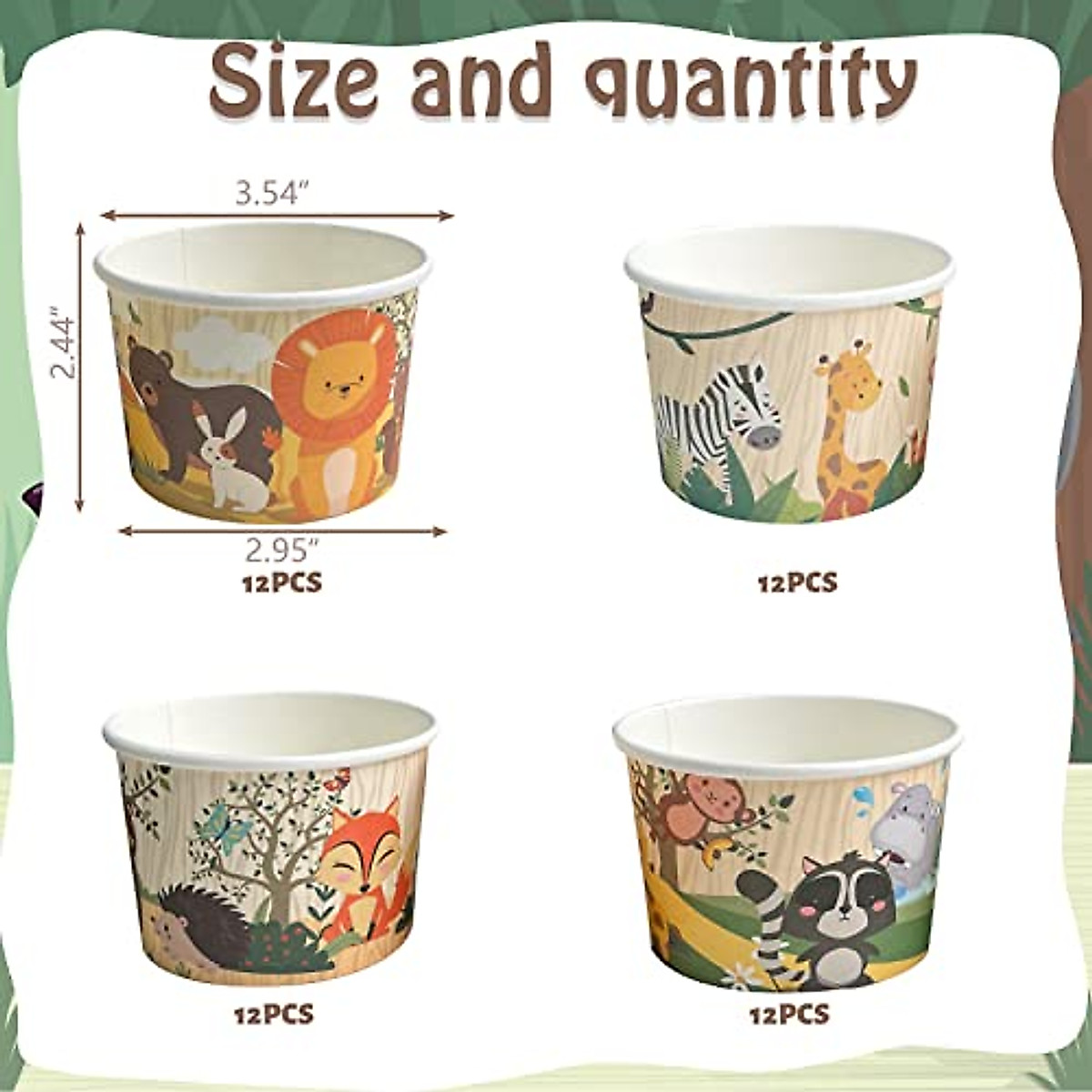 CIEOVO 48 Packs 9 oz Jungle Animals Party Paper Ice Cream Cups Disposable Jungle Safari Bowls Snack Cups Containers Dessert Bowls for Jungle Theme Birthday Wedding Baby Shower Party Decoration