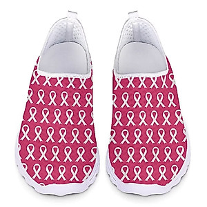 Poetesant Breast Cancer Awareness Water Shoes Women Pink Ribbon Flat Mesh Shoes Ribbons Slip On Walking Shoes Casual Pink Road Running Shoes 39EU