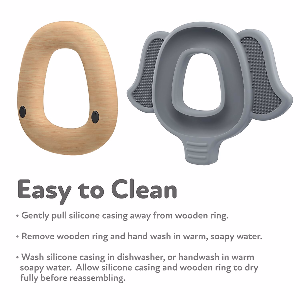 Nuby Natural Wood & Silicone Teether: Elephant, 3M+, Gray