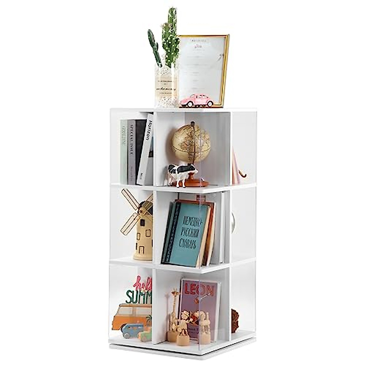 Wesiti 360 Degree 31.1 in Tall Rotating Bookshelf 3 Tier Floor Standing Bookcase with Acrylic Windows Spinning Plywood Storage Book Tower Revolving Bookcase for Kids Classroom Playroom Bedroom, White