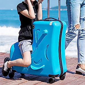 RUTILY Ride On Suitcase for Kids 20" Fashionable Unisex Kid Rolling Carry On Luggage with 4 Universal Wheels and Password Lock Recommended Age 2-8 Years Old Load Bearing 110LB (Blue)