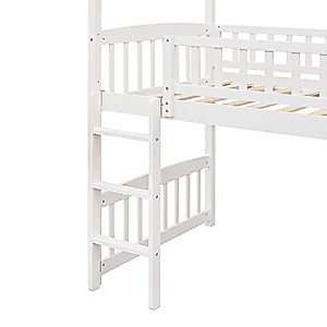 BOVZA Twin Size House Loft Bed with Convertible Slide and Ladder, Low Loft Bed with Roof and Guardrails, Wood Loft Bed Frame for Kids Boys Girls Teens, White