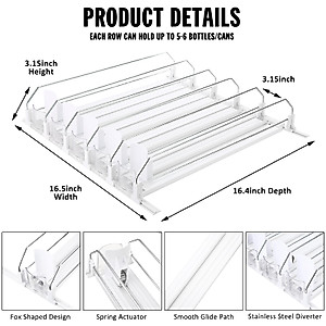 ONCHSH Drink Organizer for Fridge,Soda Can Drink Organizer for Refrigerator,Beer Pop Can Water Bottle Storage for Pantry,Width Adjustable Beverage Pusher Glide (White, 16.4"D - 5 Rows)