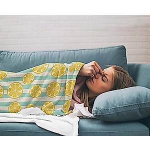 Throw Blanket- Yellow Lemons Soft Warm Plush Fleece Bed Throw,50x60In Flannel Blankets Summer Fruits Retro Linen Burlap Bedding Throws for Women/Men Bedroom Living Room Office Decor Teal Stripe