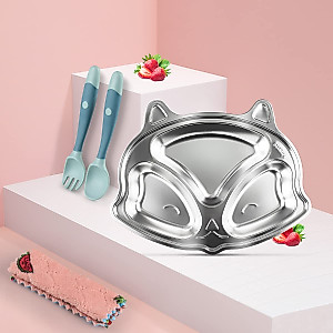 HOLIPOT 304 Stainless Steel Divided Plates, Food-Grade Toddlers Babies Kids Tray, 1300 Ml Toddler Plates with Suction, Self Feeding Training Kids Plates,Fits for Most High chairs Trays (Fox)
