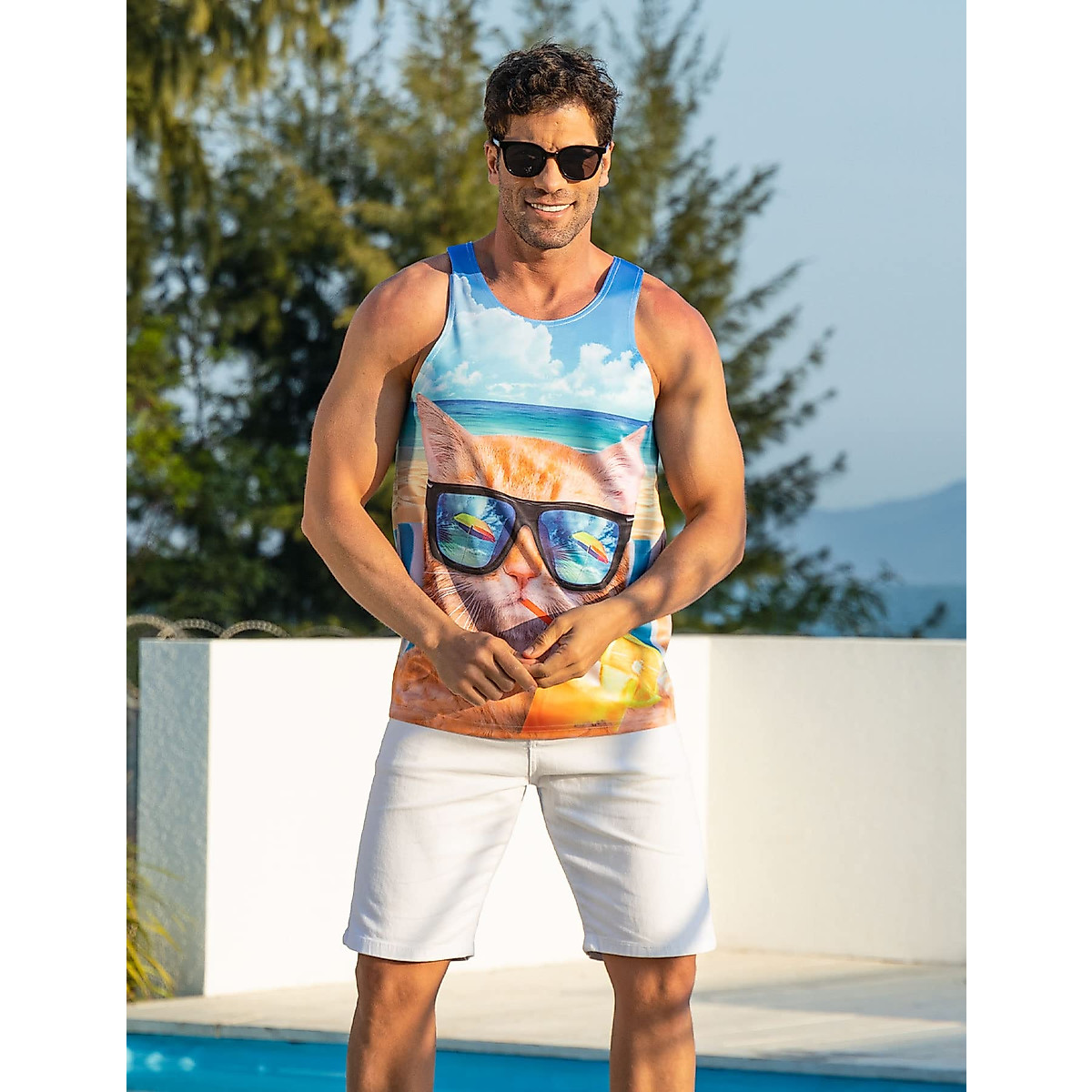 Goodstoworld Men Beach Tanks Tops 3D Printed Boys Fashion Sleeveless Shirts Juniors Hawaii Graphic 2022 Party Beach Glasses Cat T Shirt Tee
