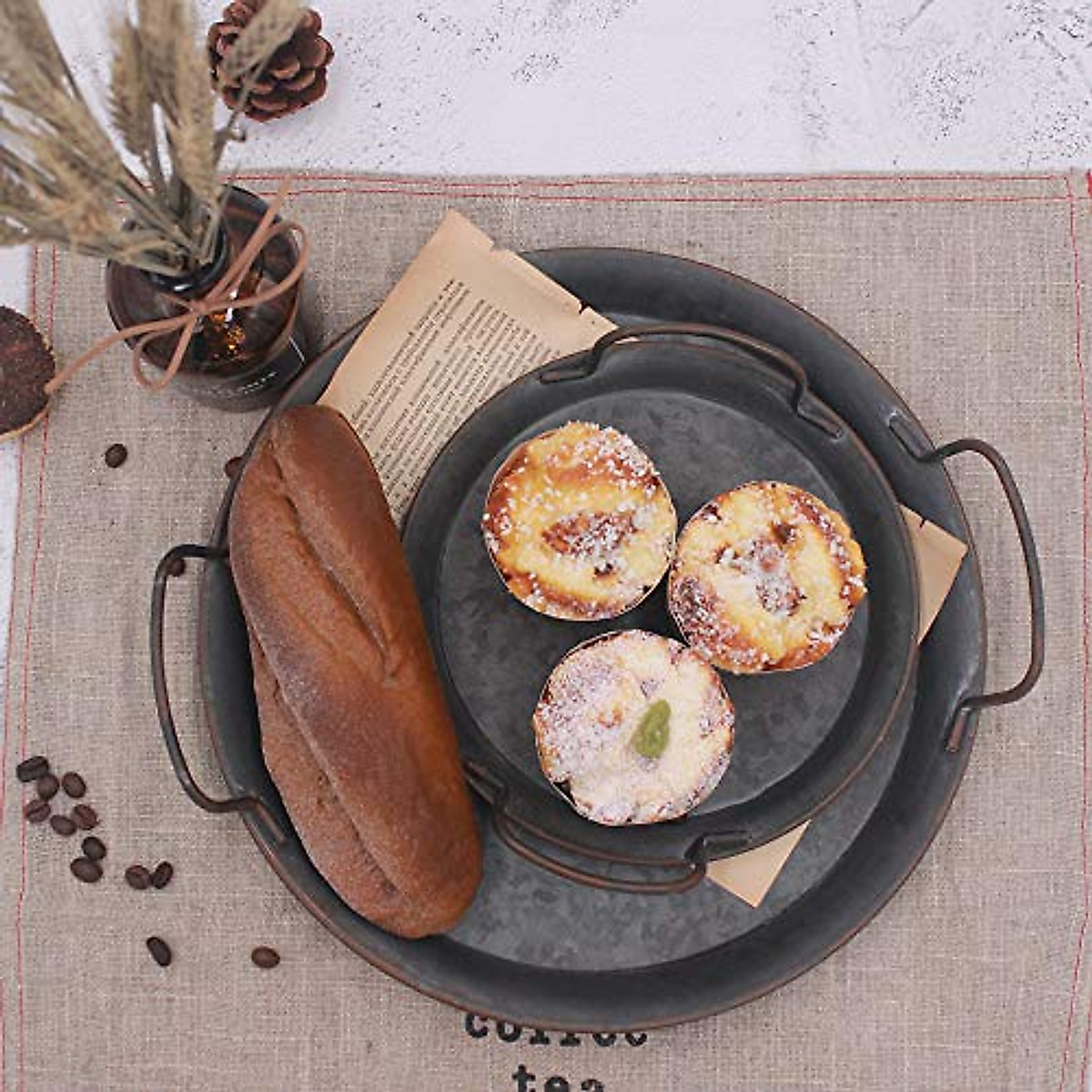Funerom Industrial Style Metal Iron Tray Set of 2, Diameter：11.8 inch and 8 inch,Black Galvanized Tin Color