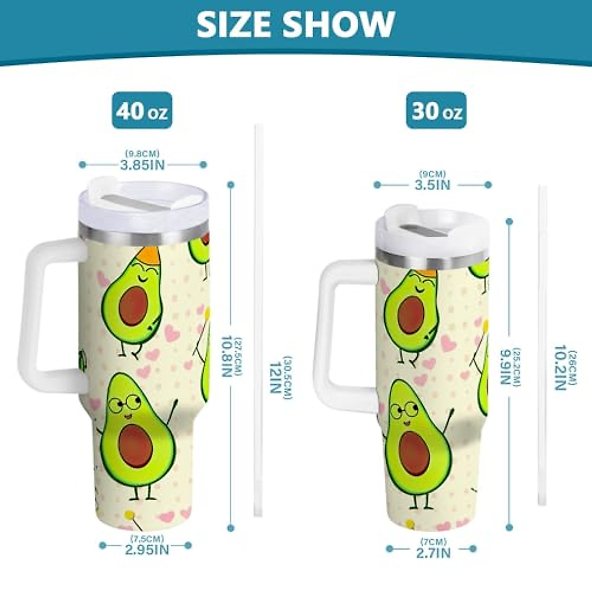Cute Avocado Beige Insulated Stainless Steel Tumblers with Handle and Straw Lid for Water, Tumbler Insulated 30 OZ / 0.89 L
