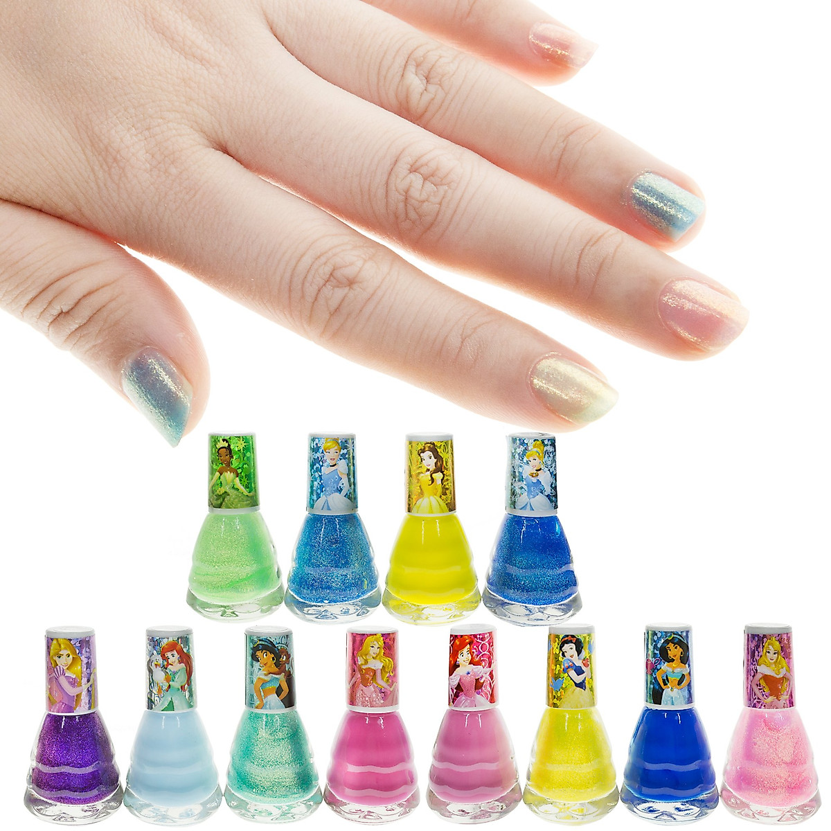 Townley Girl Disney Princess Non-Toxic Water-Based Peel-Off Quick Dry Nail Polish with Nail Separators|Gift Kit Set for Kids Girls|14 Pc Set - Perfect for Parties, Sleepovers and Makeovers