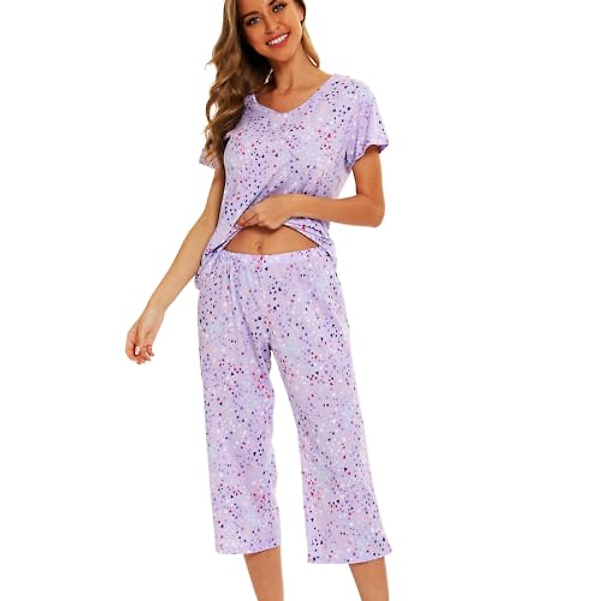 ENJOYNIGHT Women's Cute Sleepwear Tops with Capri Pants Pajama Sets Cotton Pj Set for Women(2X-Large,PU) Purple