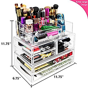 Sorbus Huge Acrylic Makeup Organizer - Extra Large Makeup Case & Display - Stackable 3 Piece Cosmetic Organizers and Storage Set with Acrylic Drawers - Great Vanity, Dresser & Bathroom Organizer