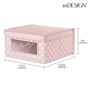 mDesign Medium Soft Stackable Fabric Baby Nursery Storage Organizer Holder Bin Box with Front Window and Lid for Child/Kids Bedroom, Playroom, Classroom - 4 Pack - Pink/White Polka Dot