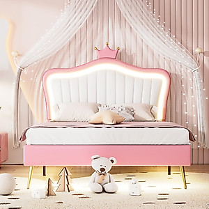 CITYLIGHT Full Size Upholstered Princess Bed with Crown Headboard, Wood Cute Kids Bed Frame Full with LED Lights and Metal Legs for Girls, No Box Spring Required (Full,Pink)