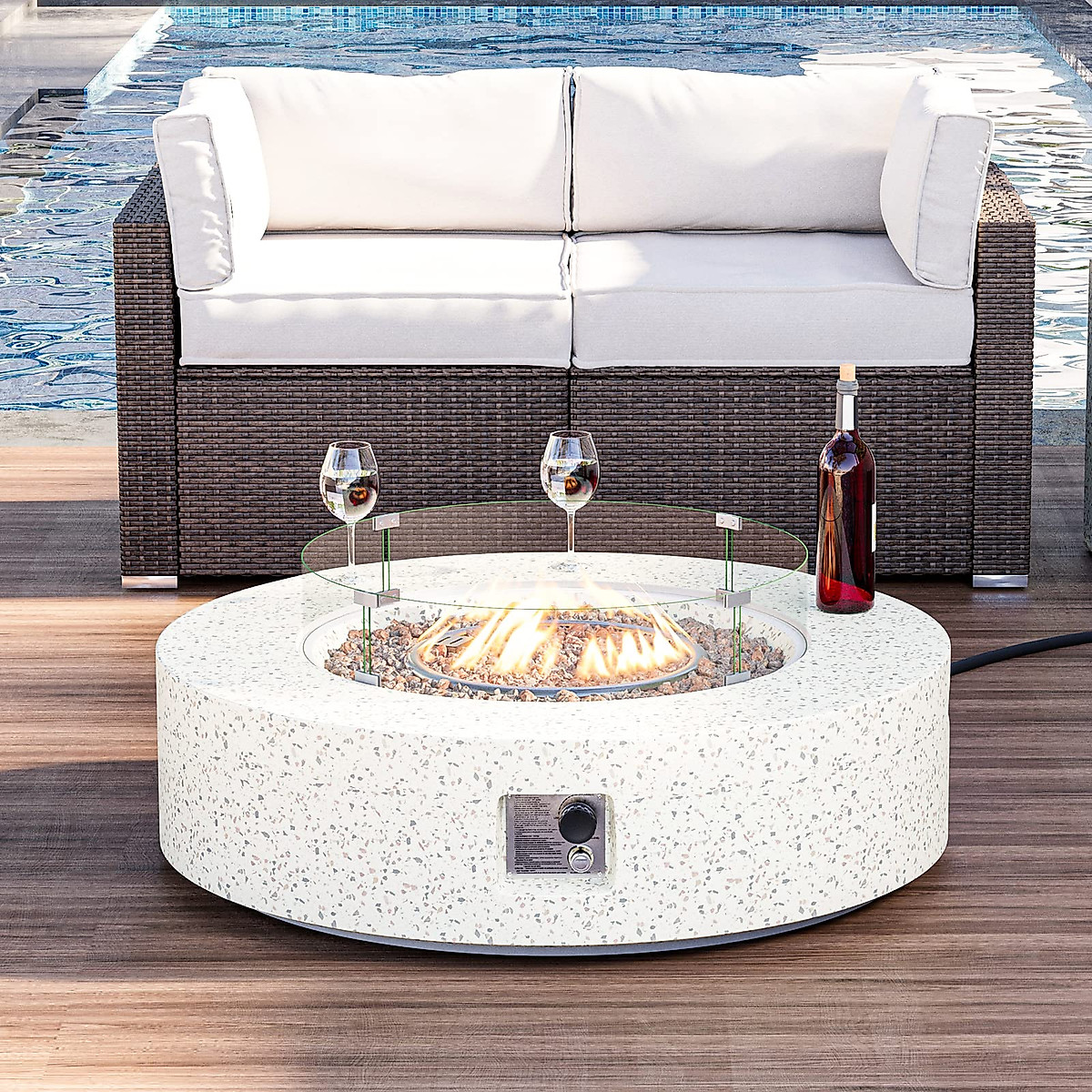 HOMPUS Propane Patio Fire Pit Table with Wind Guard, Lava Rocks and Rain Cover for Outdoor Leisure Party, 50,000 BTU 42-inch Round White Sandstone Concrete Fire Table