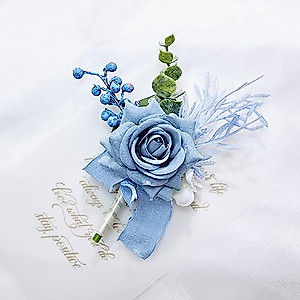 AJOYEGG Wrist Corsage and Boutonniere Set: Corsage Wristlet Band Bracelet Flower and Men Boutonniere Rose Flower Set for Wedding Prom Suit Decoration(Dusty Blue)