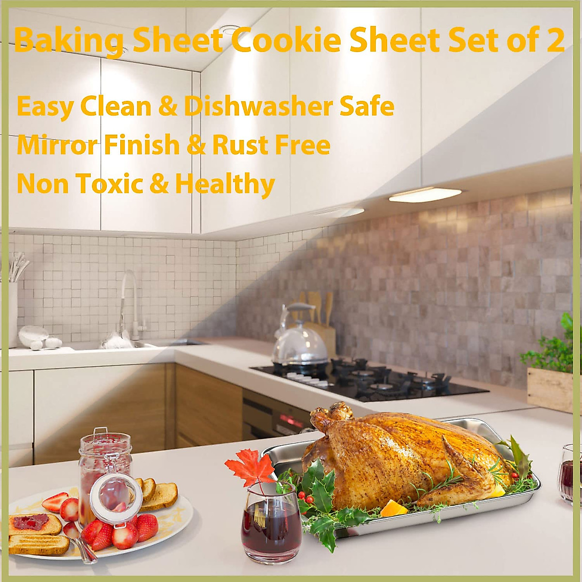 Baking Sheet Cookie Sheet Set of 2, Umite Chef Stainless Steel Baking Pans Tray Professional 16 x 12 x 1 inch, Non Toxic & Healthy, Mirror Finish & Rust Free, Easy Clean & Dishwasher Safe