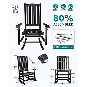 SERWALL Patio Rocking Chair, Oversized Porch Rocker for Adults, All Weather Resistant Rocking Chair for Patio Lawn Garden, Black