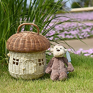 DADEA Mushroom Shape Rattan Storage Basket, Decorative Woven Purse with Lid, Wall Hanging Rattan Bag, Summer Bag, Mushroom Basket, Multiple Uses Rattan Purse for Photo Prop Room Decor(Mushroom)