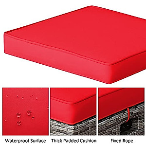 Tangkula 2 Pieces Patio Rattan Ottomans, Outdoor Wicker Footstool Footrest Seat with Soft Cushions and Steel Frame, All-Weather Patio Ottoman Set for Backyard Garden Poolside (Red)