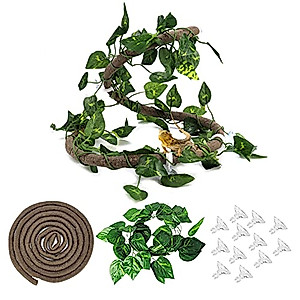 Hamiledyi Reptile Jungle Vines Bend A Branch 4Pcs Fake Leaves Hanging Terrarium Plant Decor for Bearded Dragon Lizard Gecko Snake Chameleon Frog Hermit Crab Tank Habitat Decorations Climbing