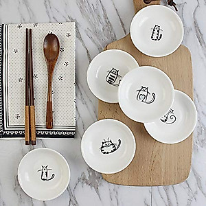 FUYU 6pcs Cute Cat Ceramic Sauce Dish Seasoning Dish Dessert Plate Snack Plate Side Dish, 4 inches