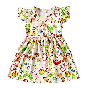 Toddlr Girls Toy Cartoon Yellow Twirl Dress Ruffle Bottom Summer Flutter Sleeves Clothes 2-3T