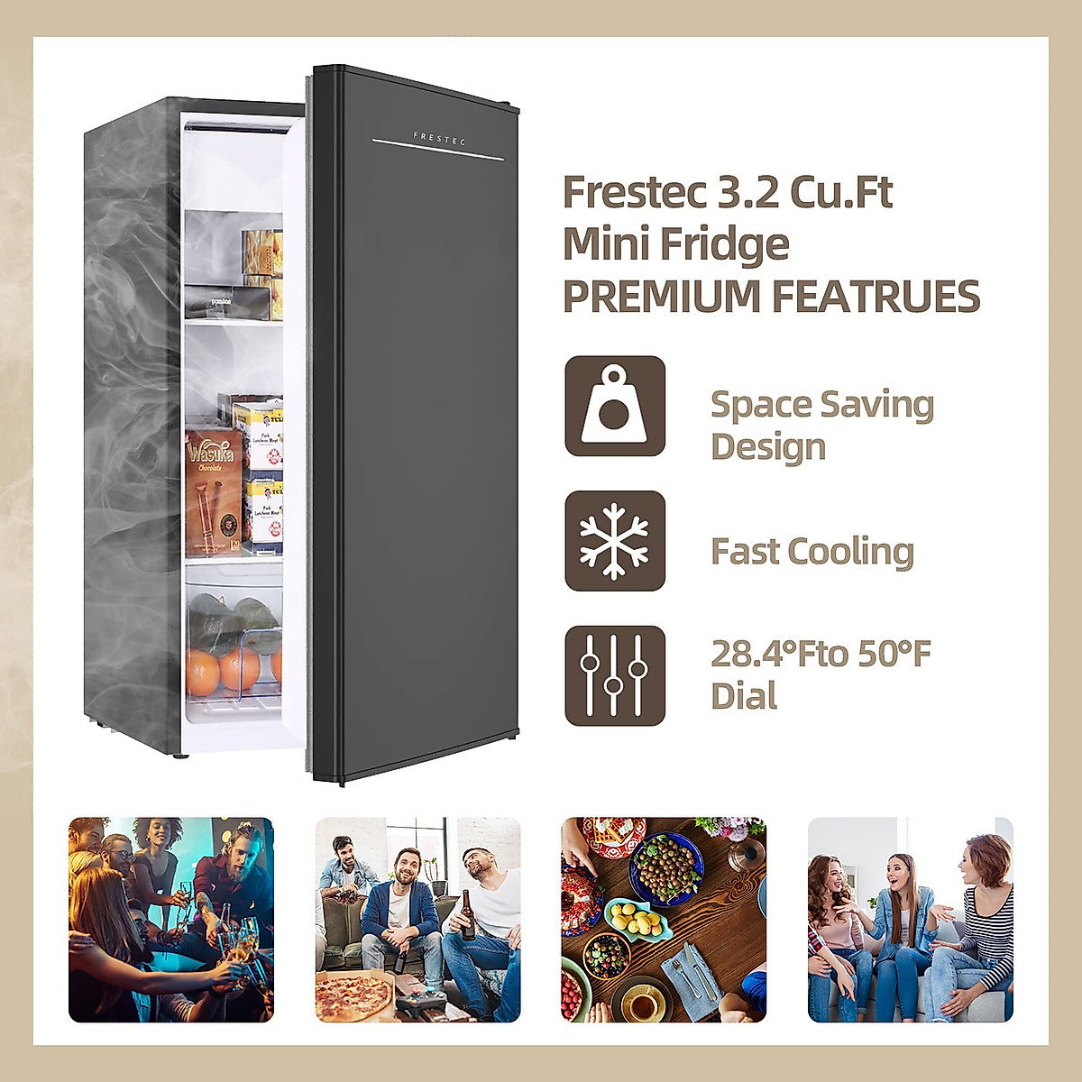 Frestec 3.2 Cu.Ft. Small Refrigerator with Freezer, Mini Fridge for Bedroom, Mini Dorm Refrigerator, One-Touch Defrosting System, Energy Saving, for Office, Home, Apartment (Black)