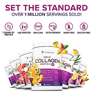 Multi Collagen Peptides Powder for Women and Men - Instant Dissolving Grass Fed Hydrolyzed Collagen Powder Drink Mix for Beautiful Hair Skin and Nails with Hyaluronic Acid and Vitamin C - Unflavored