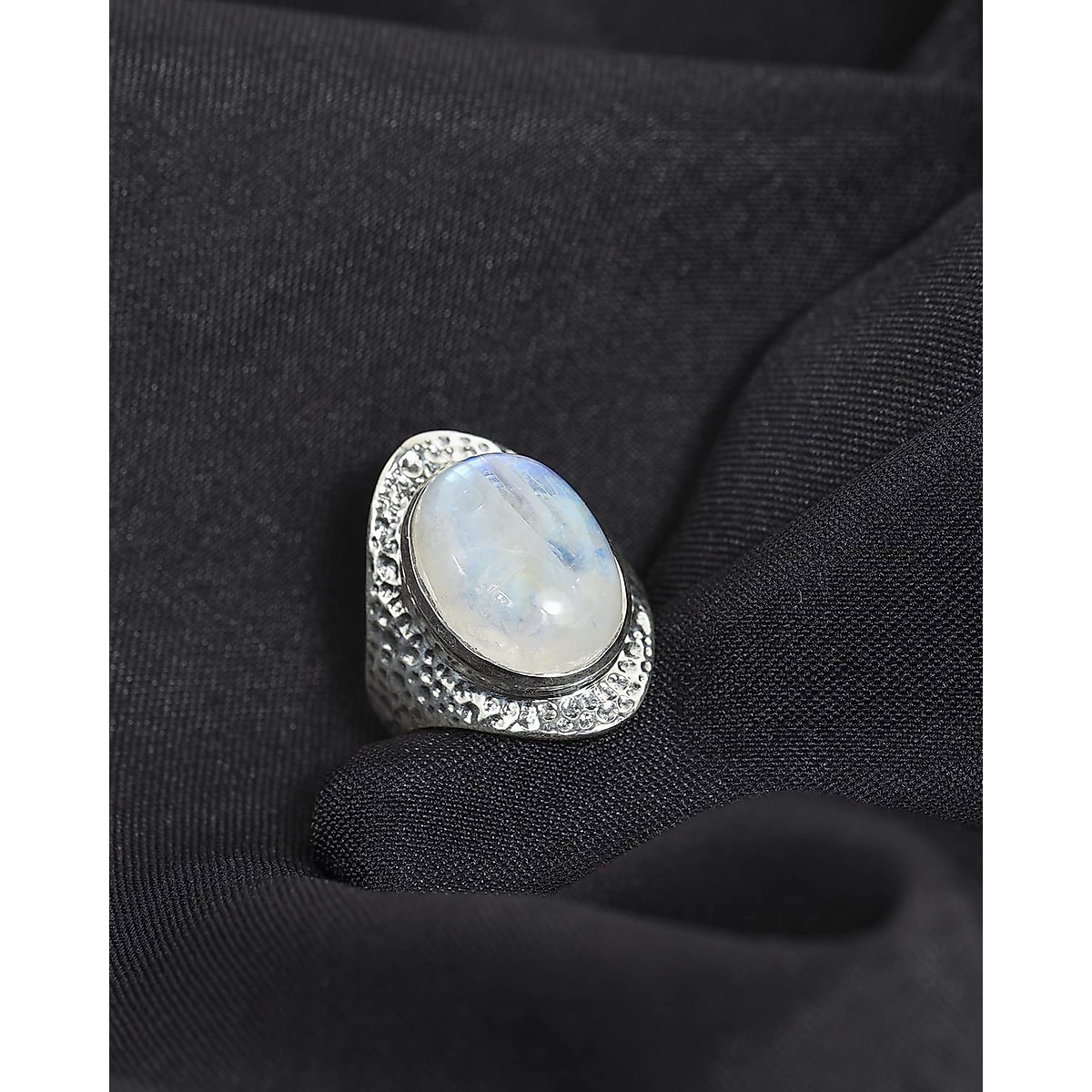 YoTreasure Rainbow Moonstone 925 Sterling Silver Hammered Bold Ring