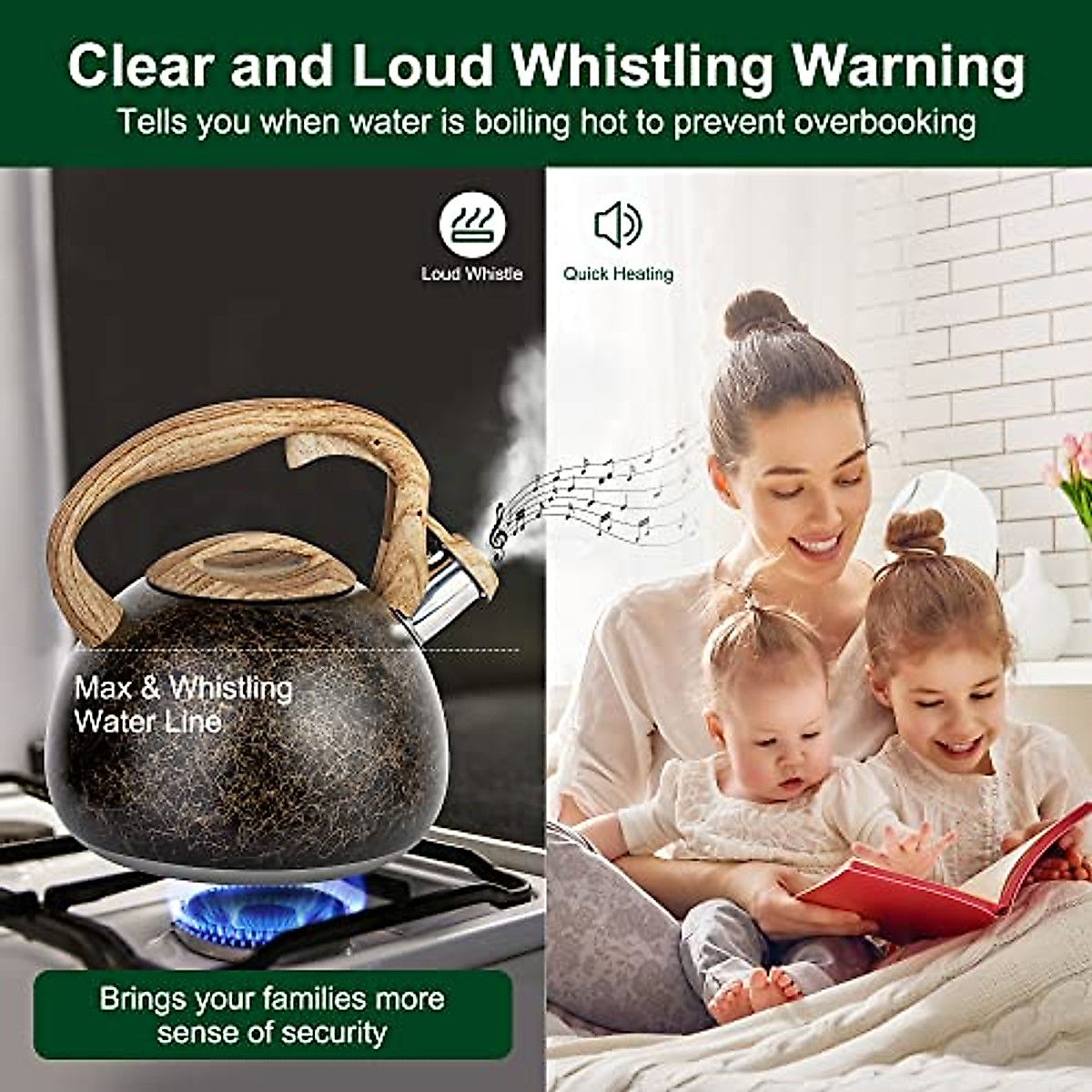 Greenual Tea Kettle, 3.2 Quart Loud Whistling Tea Kettle Stovetop, Food Grade Stainless Steel Teapot for Stovetop, Anti-Rust Tea Pot with Cool Touch Ergonomic Handle(Black Gold)