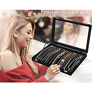 Necklace Organizer Box, Necklace Tray for Jewelry with Clear Lid, Dustproof Velvet Necklaces Holder Storage Display Case, 20 Hooks Glass Top Jewelry Tray Drawer Insert for Necklaces Pendant Bracelet