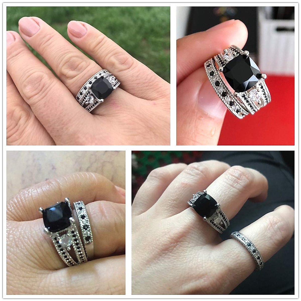 Double Fair White or Black Gold Plated Cushion Cut Black CZ Stone Engagement Promise Anniversary Ring Sets For Women (Silver, 8)