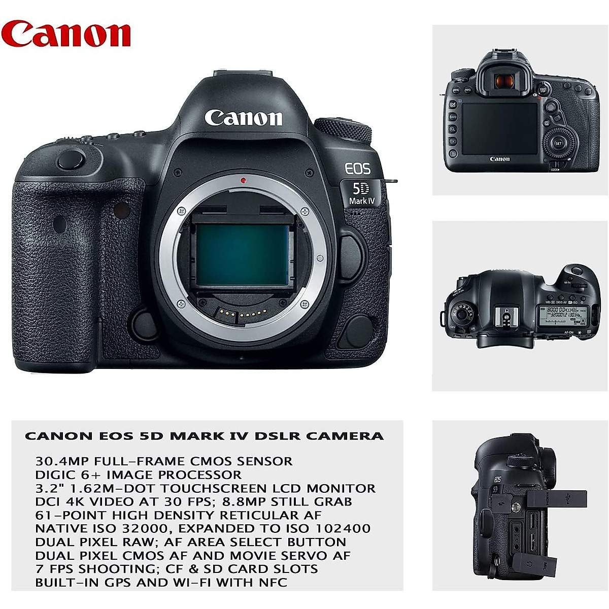 Canon EOS 5D Mark IV DSLR Camera w/ 24-105mm STM Lens + Canon EF 75-300mm III Lens, Canon 50mm f/1.8, 500mm Lens & 650-1300mm Lens + Deluxe Backpack + 128GB Memory + Monopod + Professional Bundle