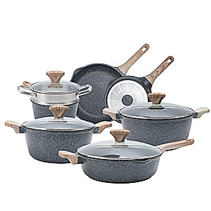 Country Kitchen Nonstick Induction Cookware Sets - 11 Piece Cast Aluminum Pots and Pans with BAKELITE Handles with Glass Lids - Grey