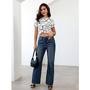 SweatyRocks Women's Casual Twist Front Short Sleeve Crop Top T-Shirt Geometry White Large