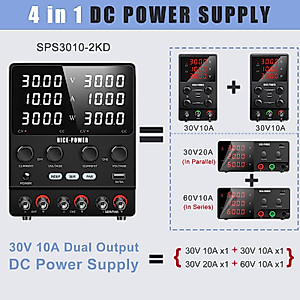 NICE-POWER Dual DC Power Supply Variable: 30V 10A Adjustable Switching Regulated Series (60V 10A) Parallel (30V 20A) High Precision 5V/2A USB Port Bench Lab Power Supplies
