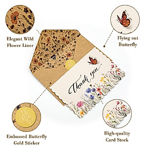 AZAZA Floral Thank You Cards with Envelopes 24 PK, Wedding Thank You Cards Unique Floral Design, 4x6 Wildflower Thank You Notes for Baby Shower, Bridal Shower, Sympathy (White Butterfly)