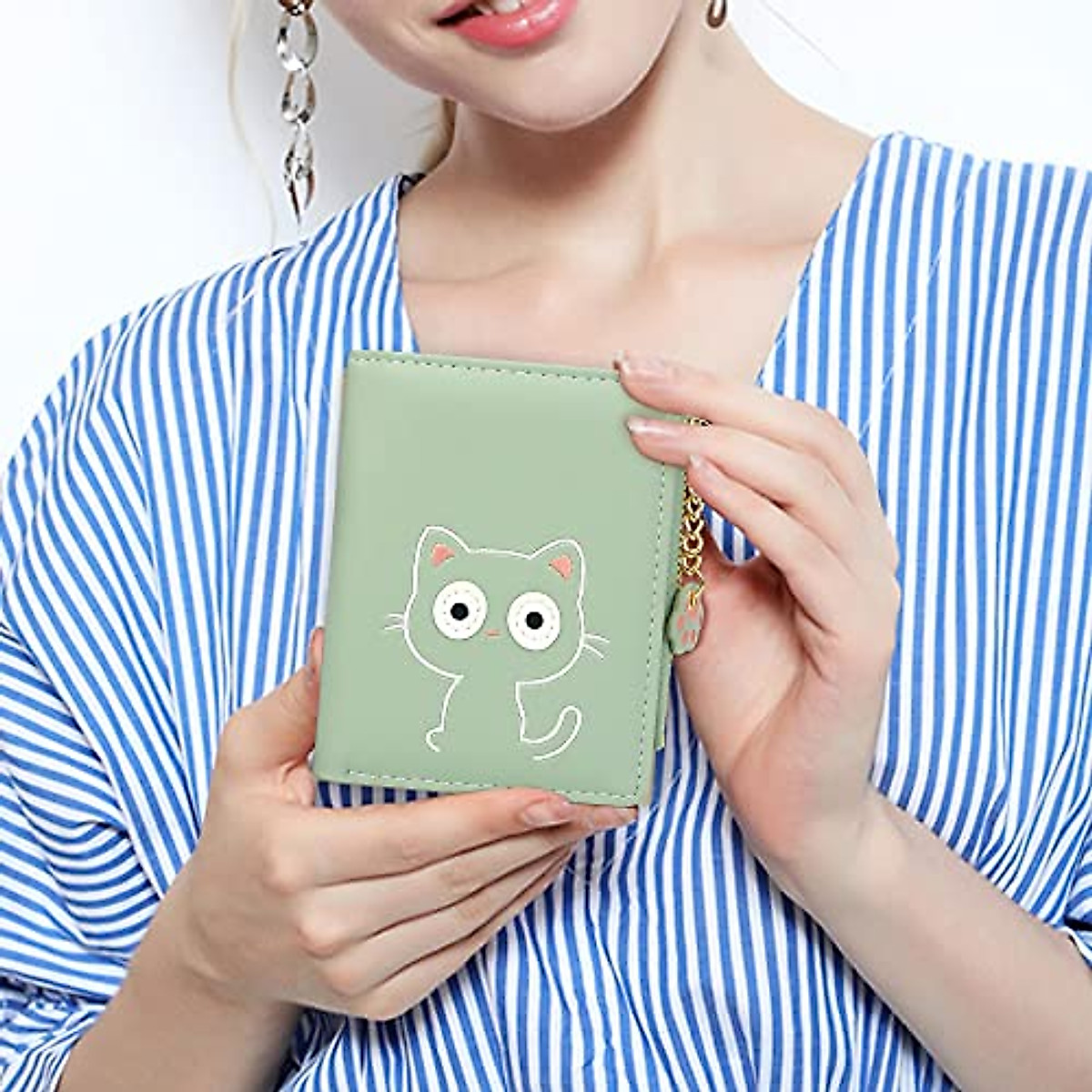 CONISY Cute Wallets for Women, Leather RFID Blocking Small Bifold Wallet with Zipper Coin Purse for Girls and Ladies Womens Wallet (Cat Green)