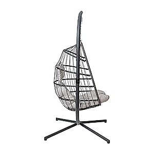 Flash Furniture SDA-AD608001-GY-GG Cleo Patio Hanging Egg Chair, Wicker Hammock with Soft Seat Cushions & Swing Stand, Indoor/Outdoor Cushions, Gray