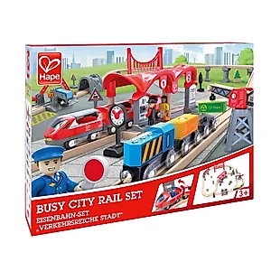Hape Wooden Busy City Train Rail Set| 51 PCs Pretend Play Railway Set for Kids Age 3Y+