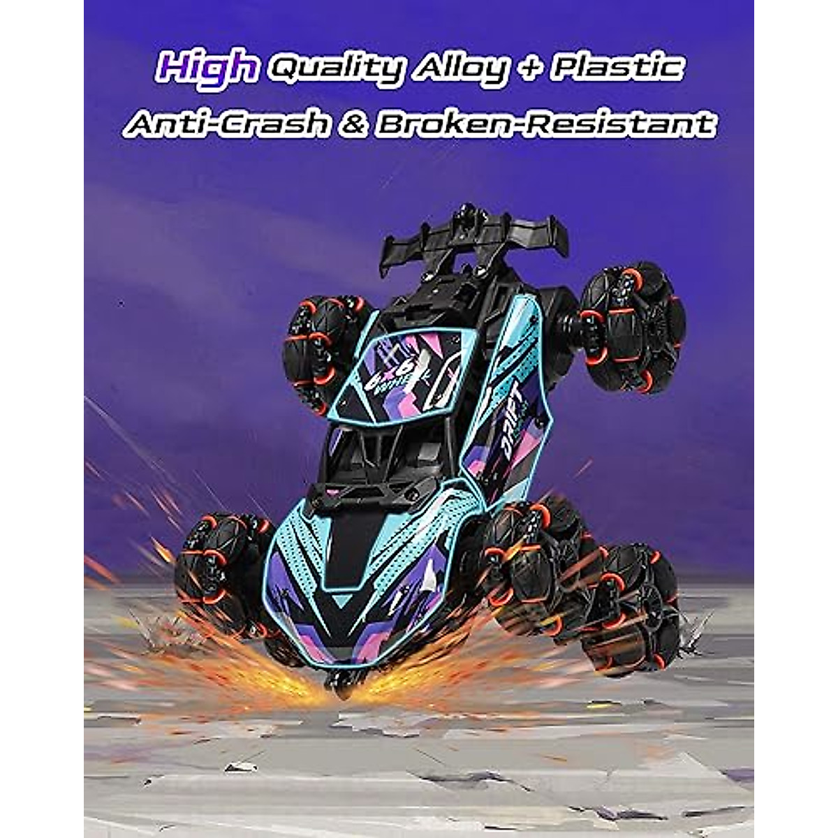 SUPERSUN Remote Control Car, 1:24 RC Stunt Car, 360 Flips Rotating RC Cars with Light Spray Effect, 6WD 2.4Ghz Electric Racing Toy Car, Birthday for Boys Kids Over 6 Years Old