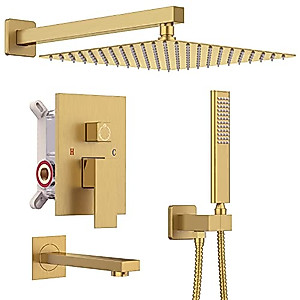 Iriber Champagne Bronze Rain Shower System with Waterfall Tub Spout 3 Function Brush Gold Shower Faucet Set Contain 12 Inch Shower Head and Handheld Brushed Brass Shower Trim Kit (Valve Included)