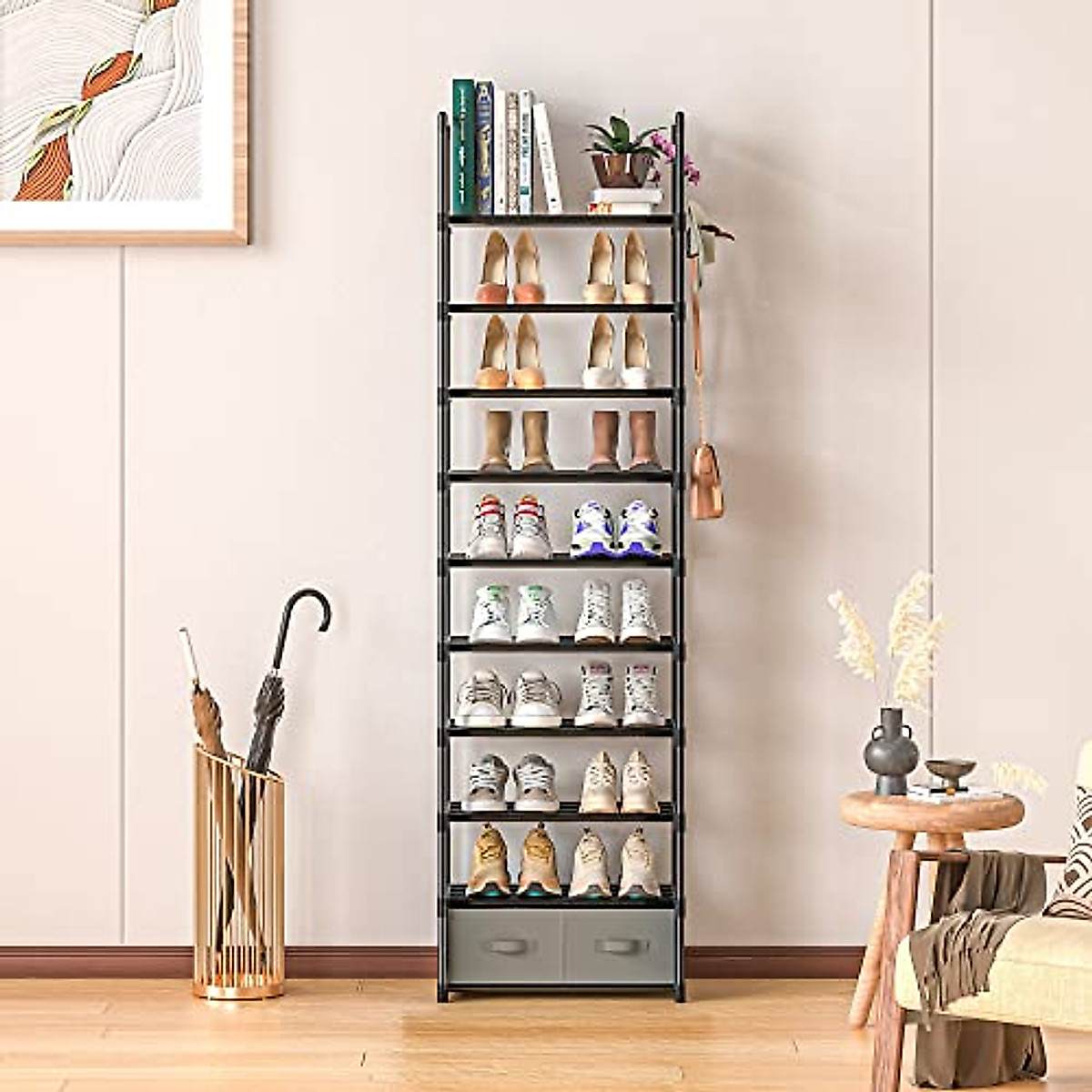 OYREL Sturdy Metal Shoe Rack Organizer,Narrow Shoe Racks for Closets, Shoe Stand,Shoe Shelf (10 Tier with 2 Boxes and 1 Hook)